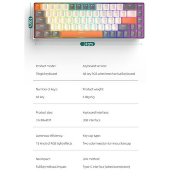 T8 RGB Wired Mechanical Gaming Keyboard Blue Switch – Grey Orange ...